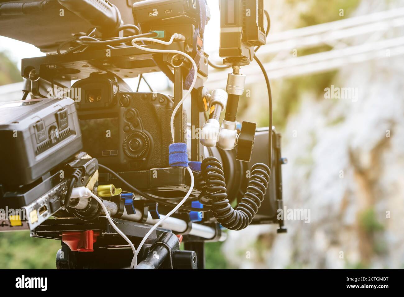 Film industry. Filming with professional camera background Stock Photo ...