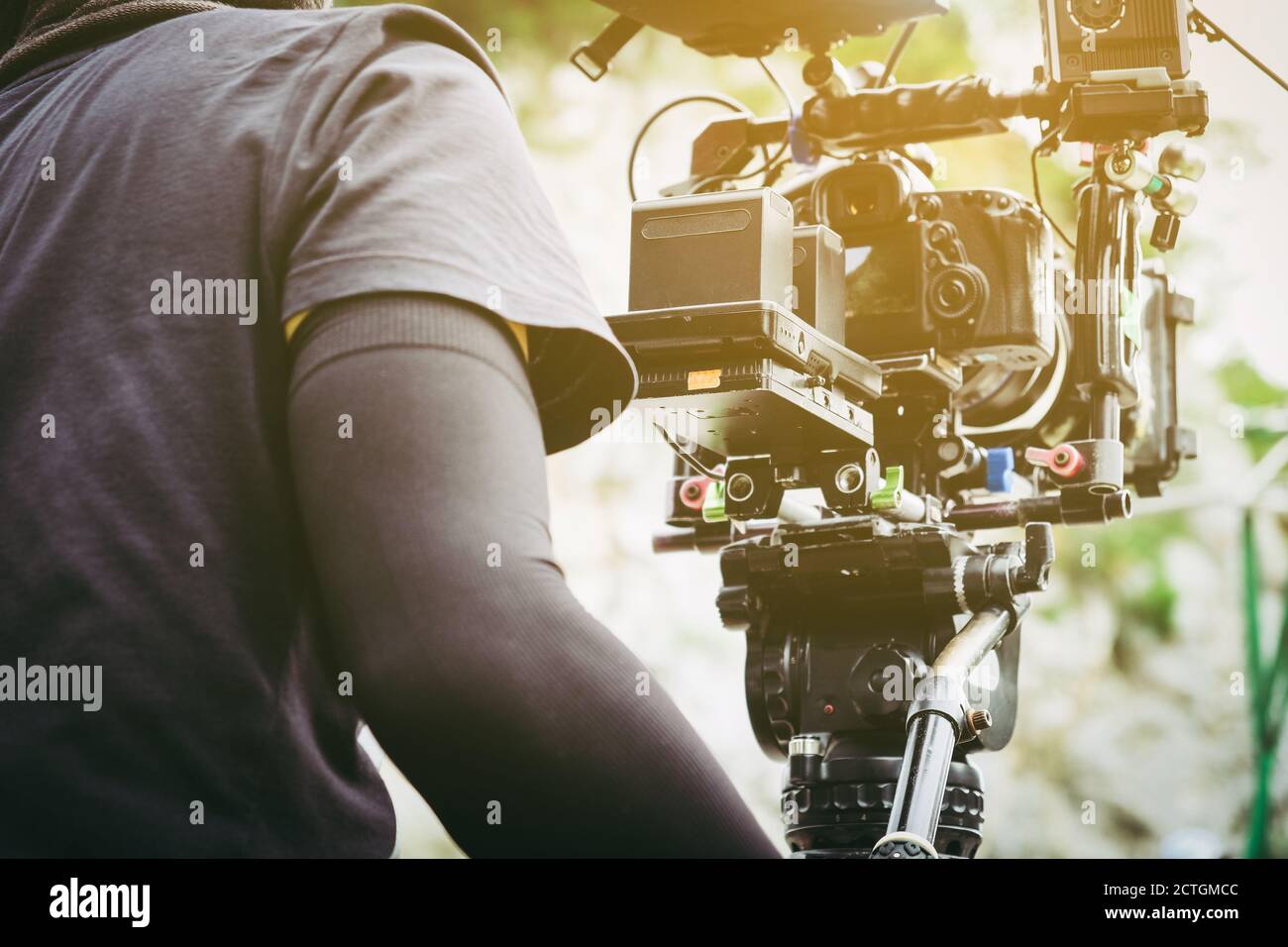 Film industry. Filming with professional camera background Stock Photo ...