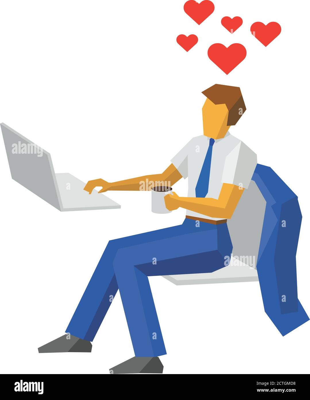 Businessman with coffee looking at a computer and thinking about love ...