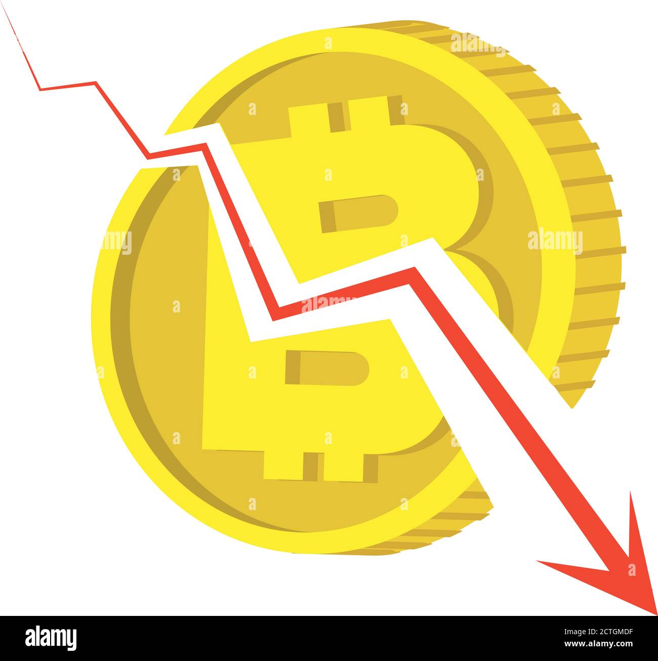 Falling bitcoin concept - gold coin with currency sign broken Stock ...