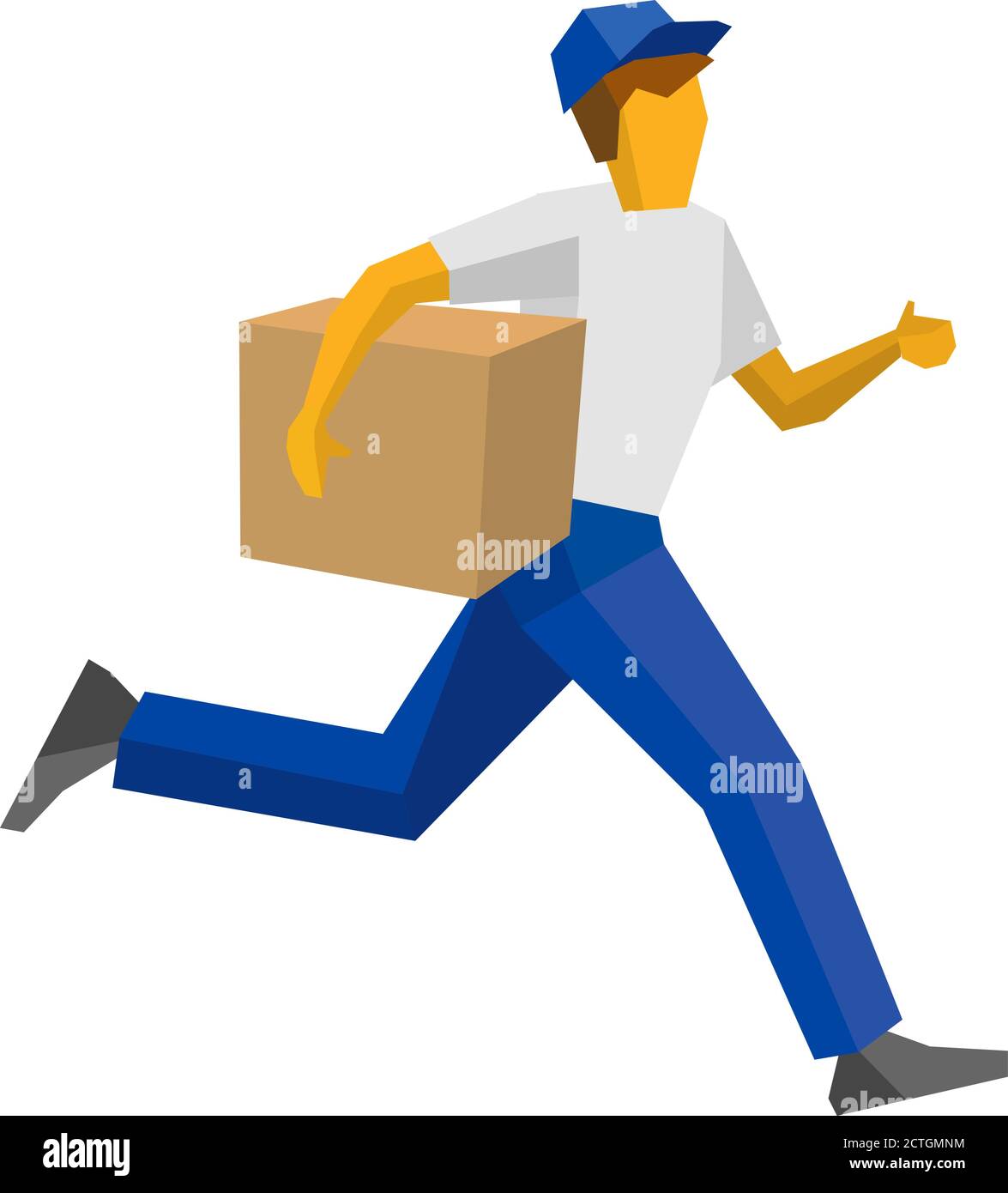 Running delivery man in blue uniform holding carton box. Postal courier ...