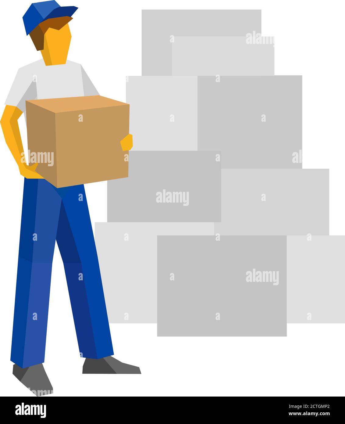 Delivery man in blue uniform holding carton box. Postal courier bring ...