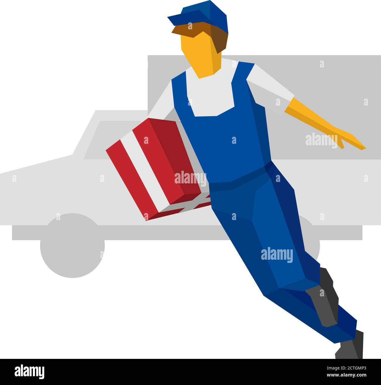 Running delivery man in blue uniform holding red gift box. Cargo truck ...
