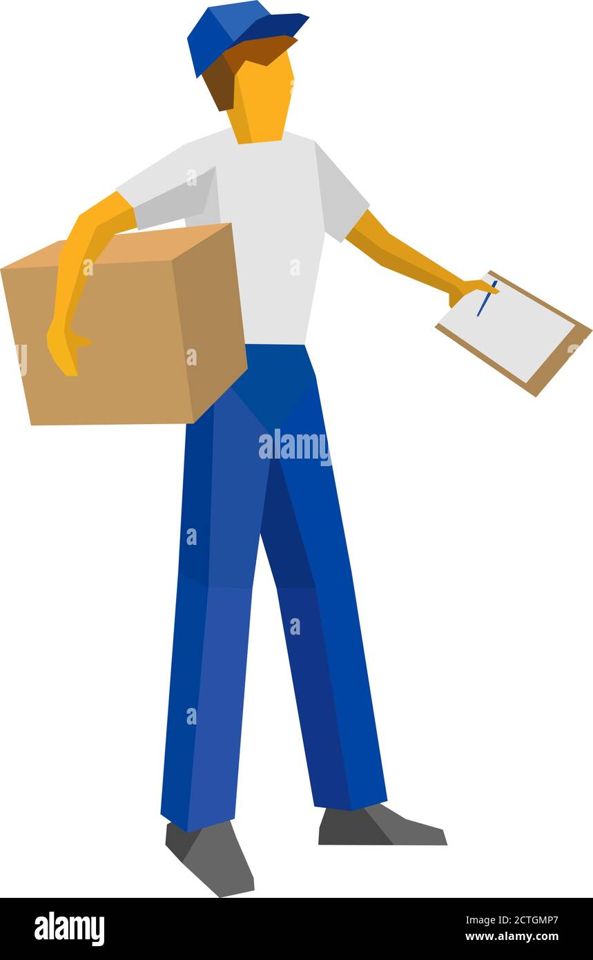 Delivery man in blue uniform holding cxarton box and papers. Postal ...