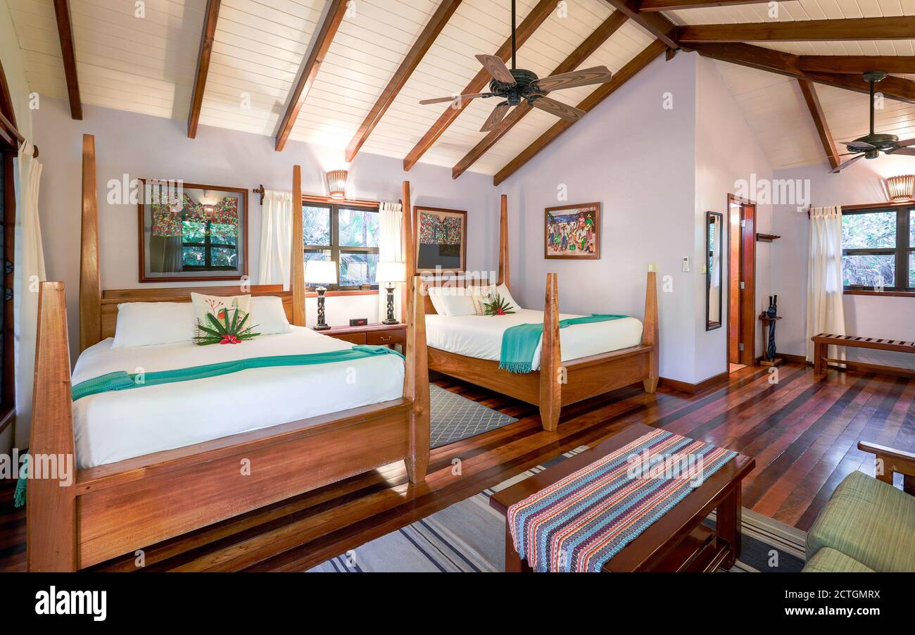 HOPKINS, BELIZE - Apr 18, 2019: A luxury hotel room inside Hamanasi ...