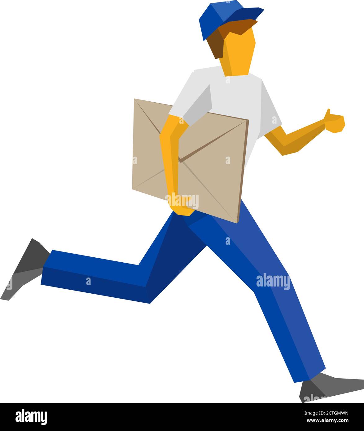 Running delivery man in blue uniform holding big postal envelope ...