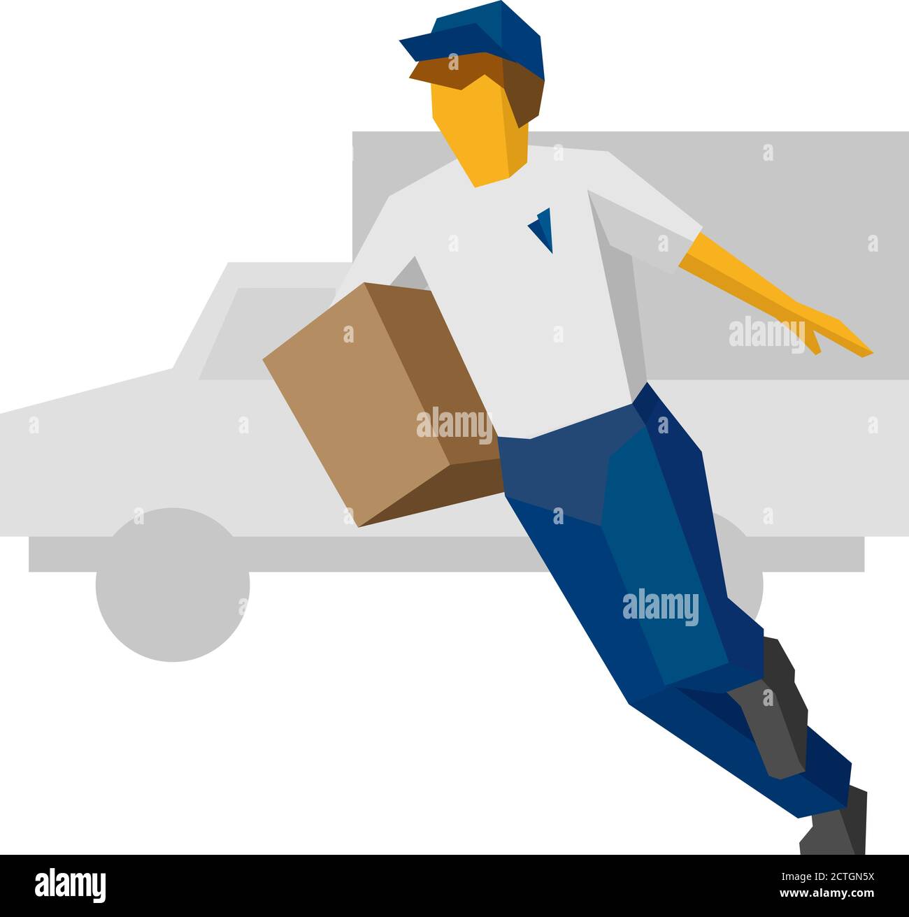Running delivery man in blue uniform holding carton box. Cargo truck ...