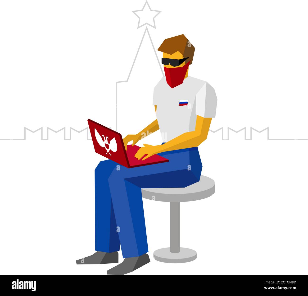Russian hacker working with laptop. Man in mask with Russia flag on t ...