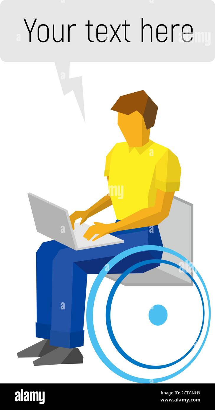 Man in wheelchair working with computer. Paralyzed person types on ...