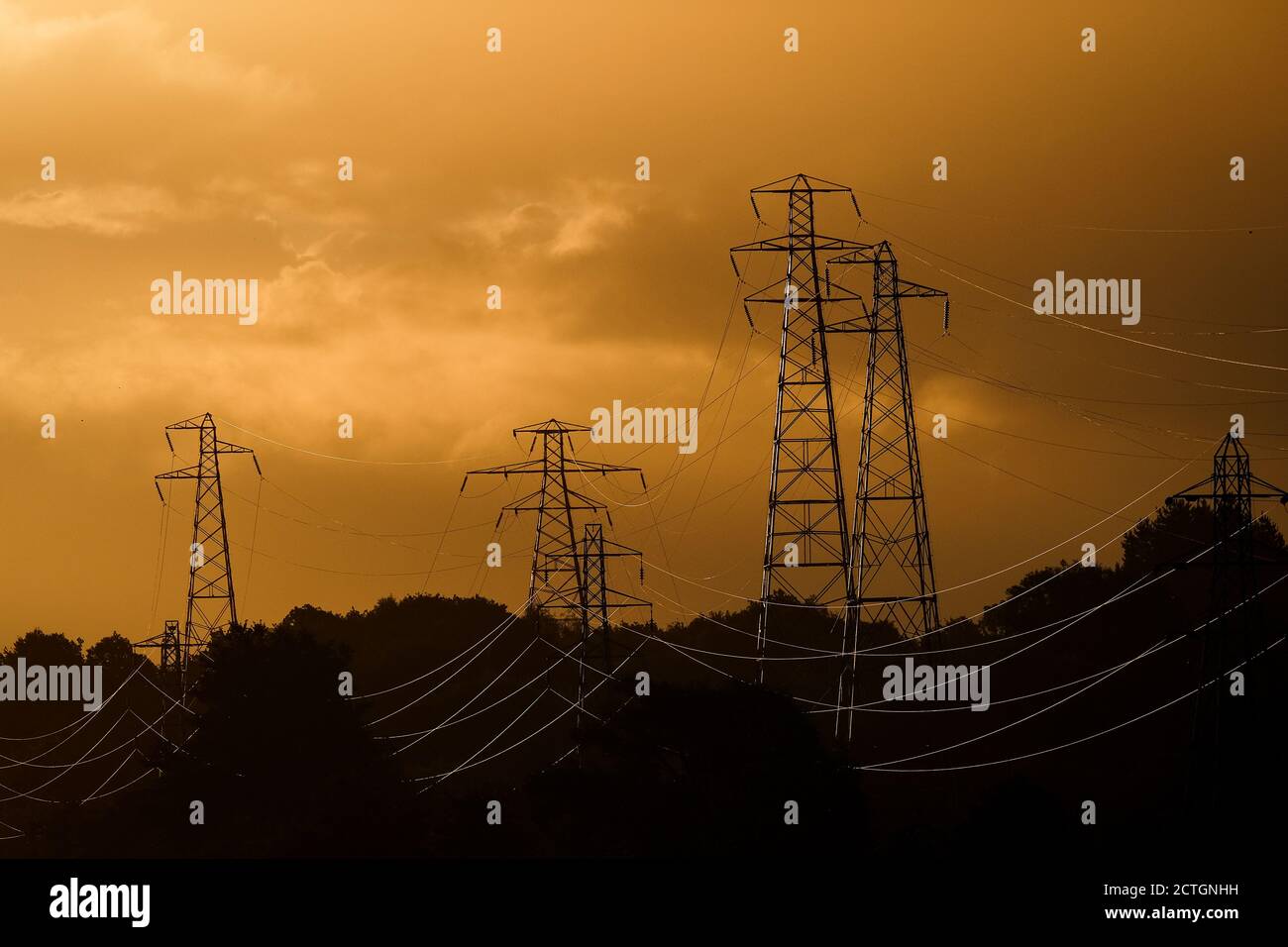 Electricity Pylon cables glinting in the morning light Stock Photo - Alamy
