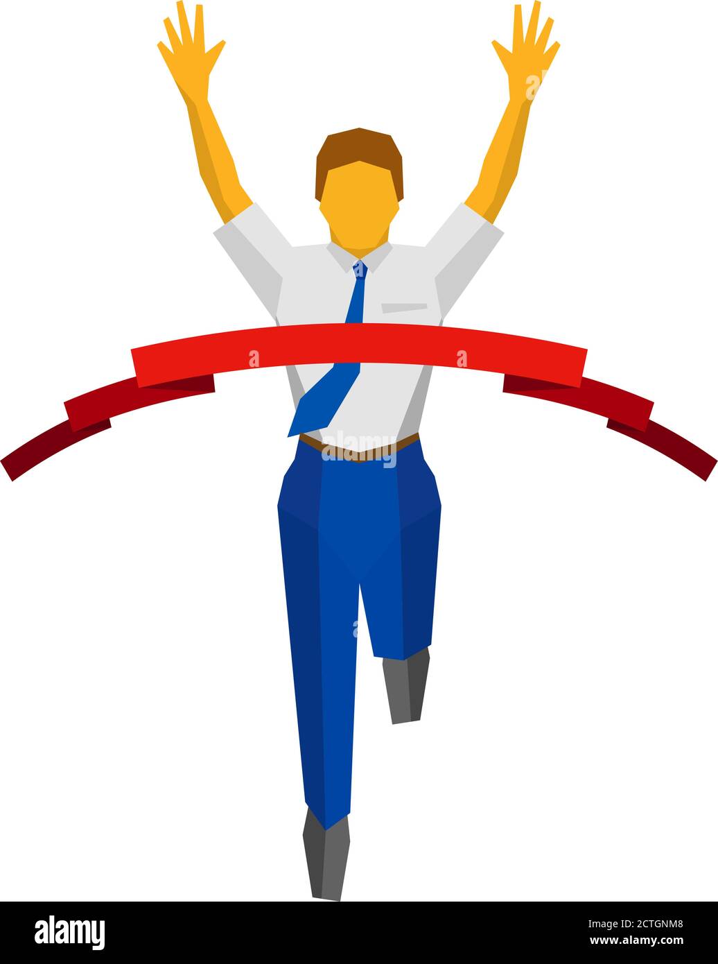 Running businessman crosses a finish line red ribbon. Front view ...