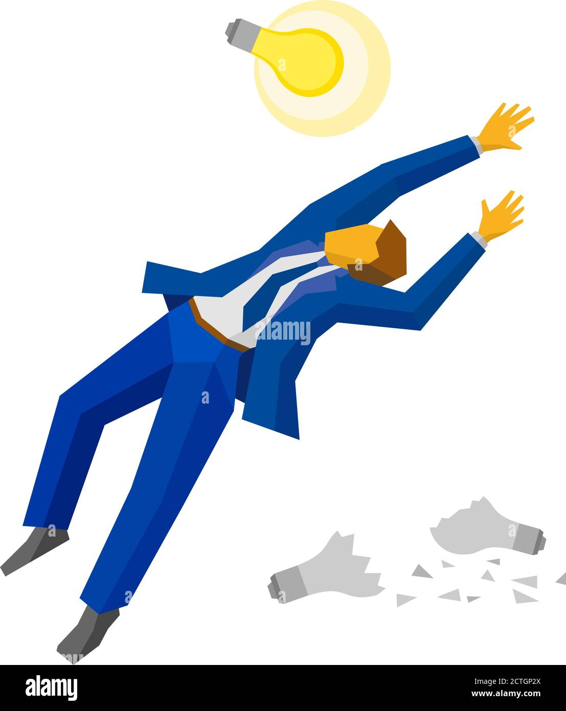 Jumping businessman catch a lamp. Some broken lamps at the ground ...