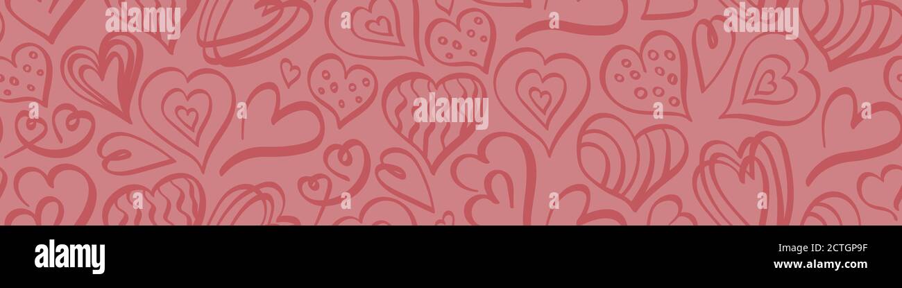 Heart shapes seamless horizontal border on pink background. Doodle ...