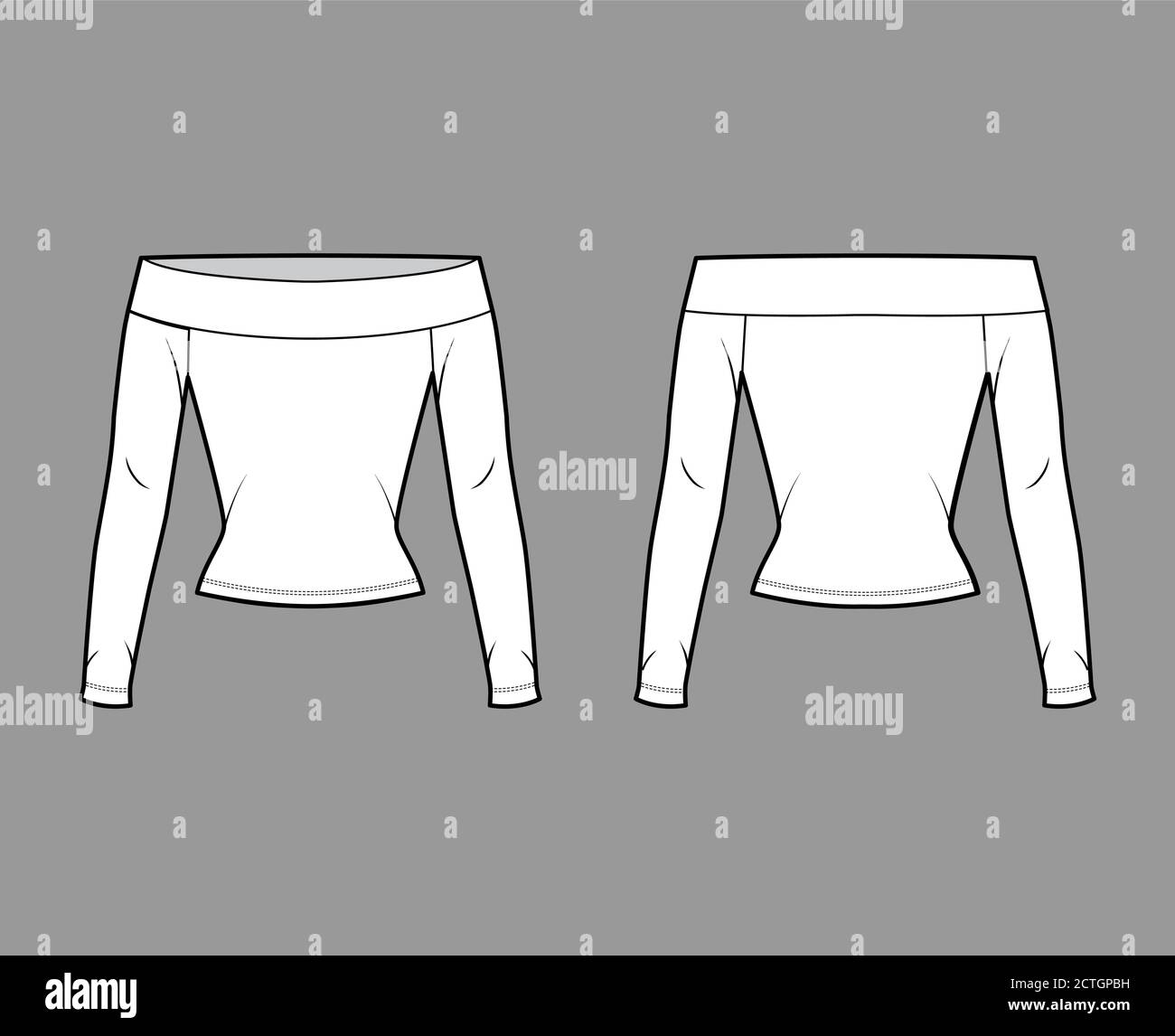 Off-the-shoulder stretch top technical fashion illustration with long ...