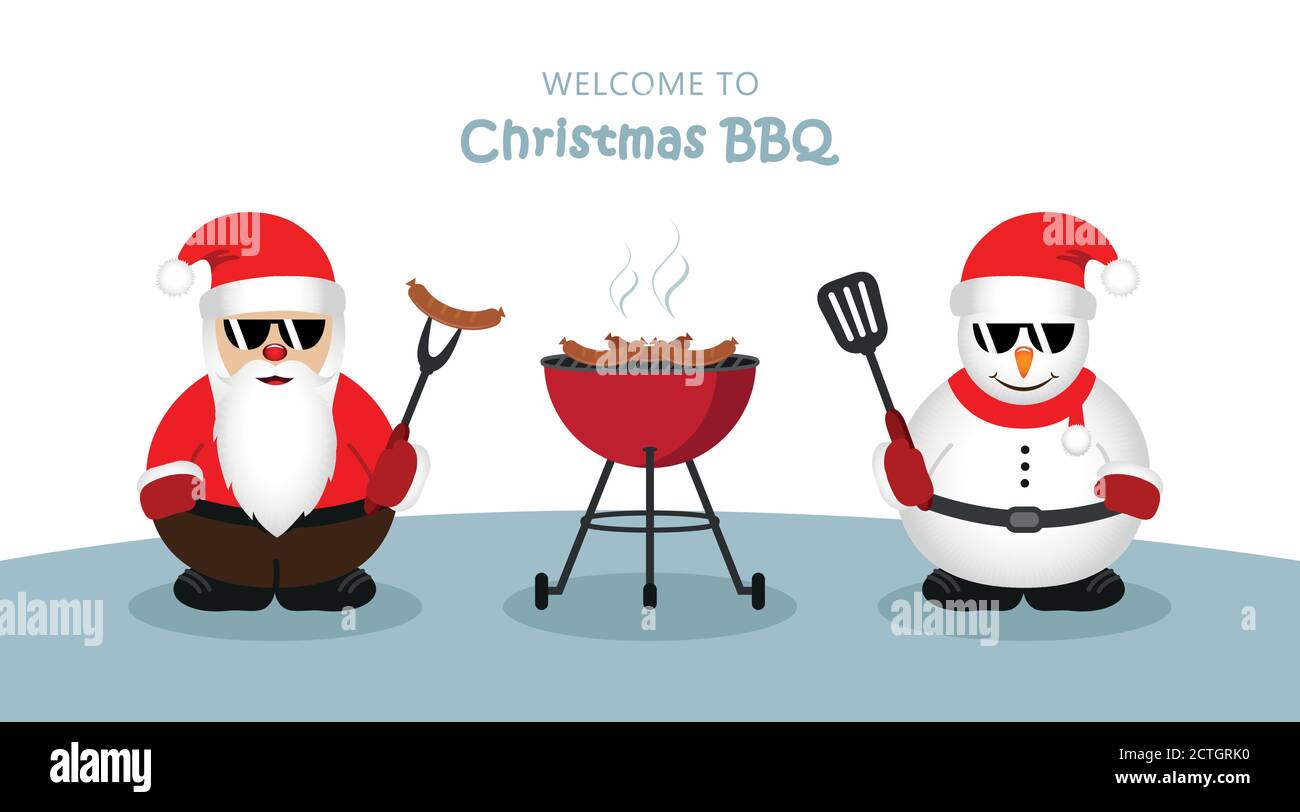 cute santa claus and snowman with sunglasses at christmas bbq vector ...