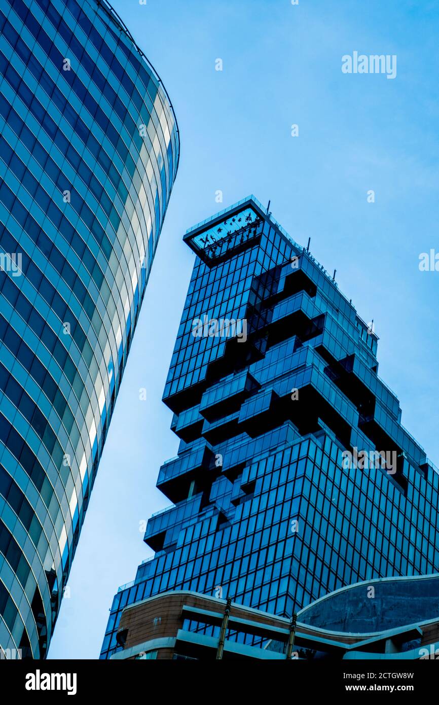 View up from street level to see the King Power Mahanakhon skywalk with ...