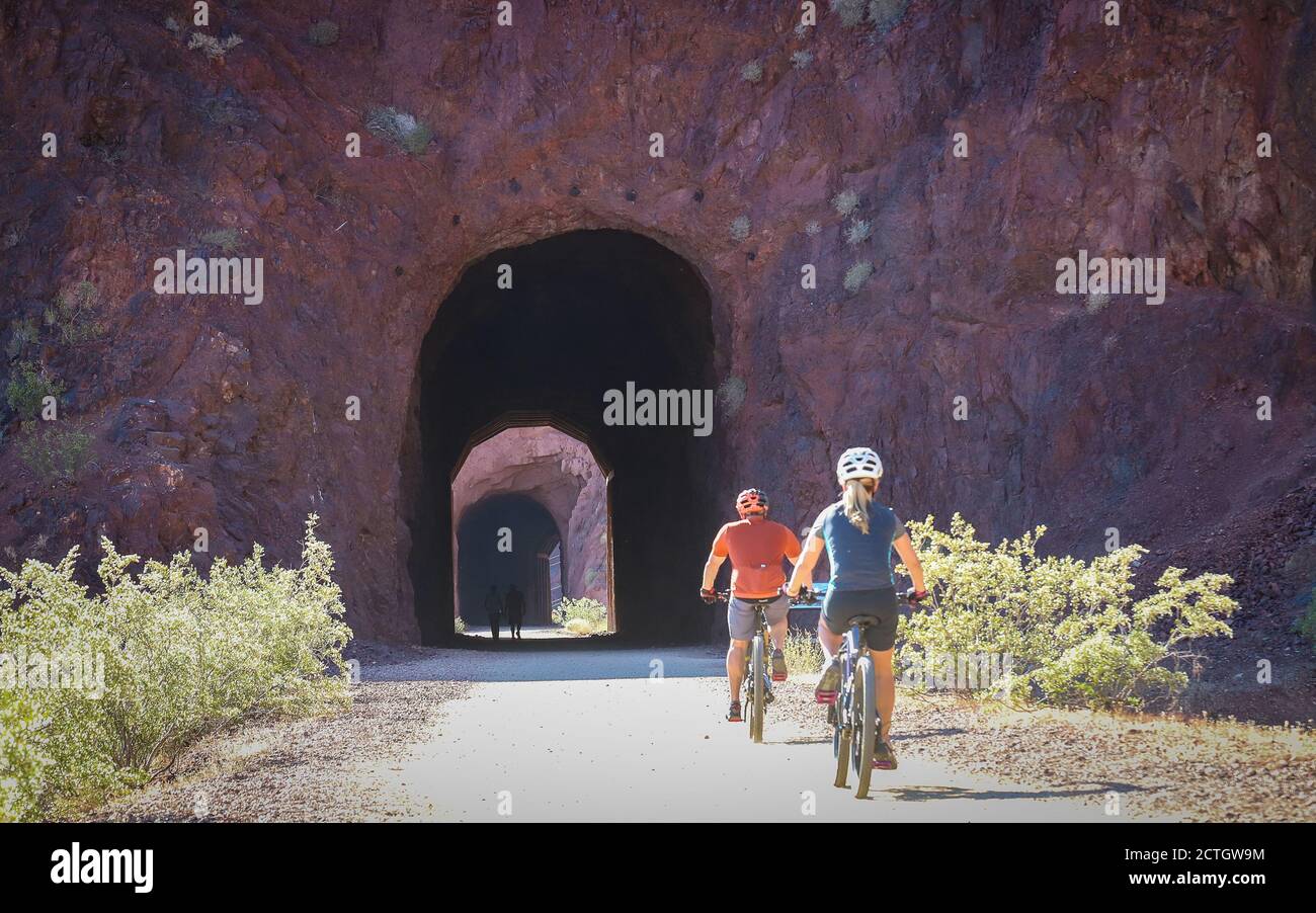 BOULDER CITY, NEVADA, UNITED STATES - May 09, 2018: Two bicyclists ...