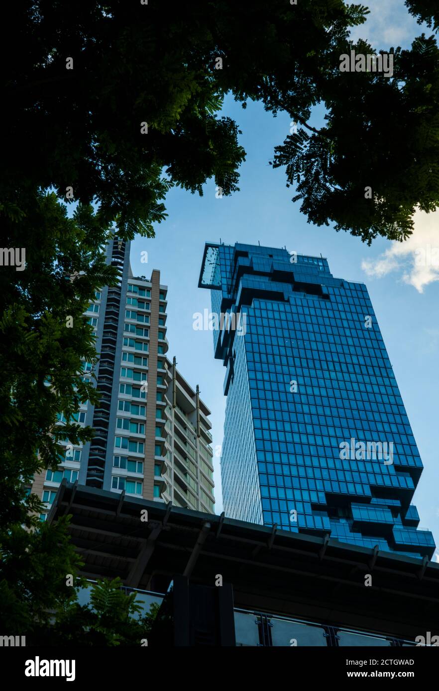 View up from street level to see the King Power Mahanakhon skywalk with ...