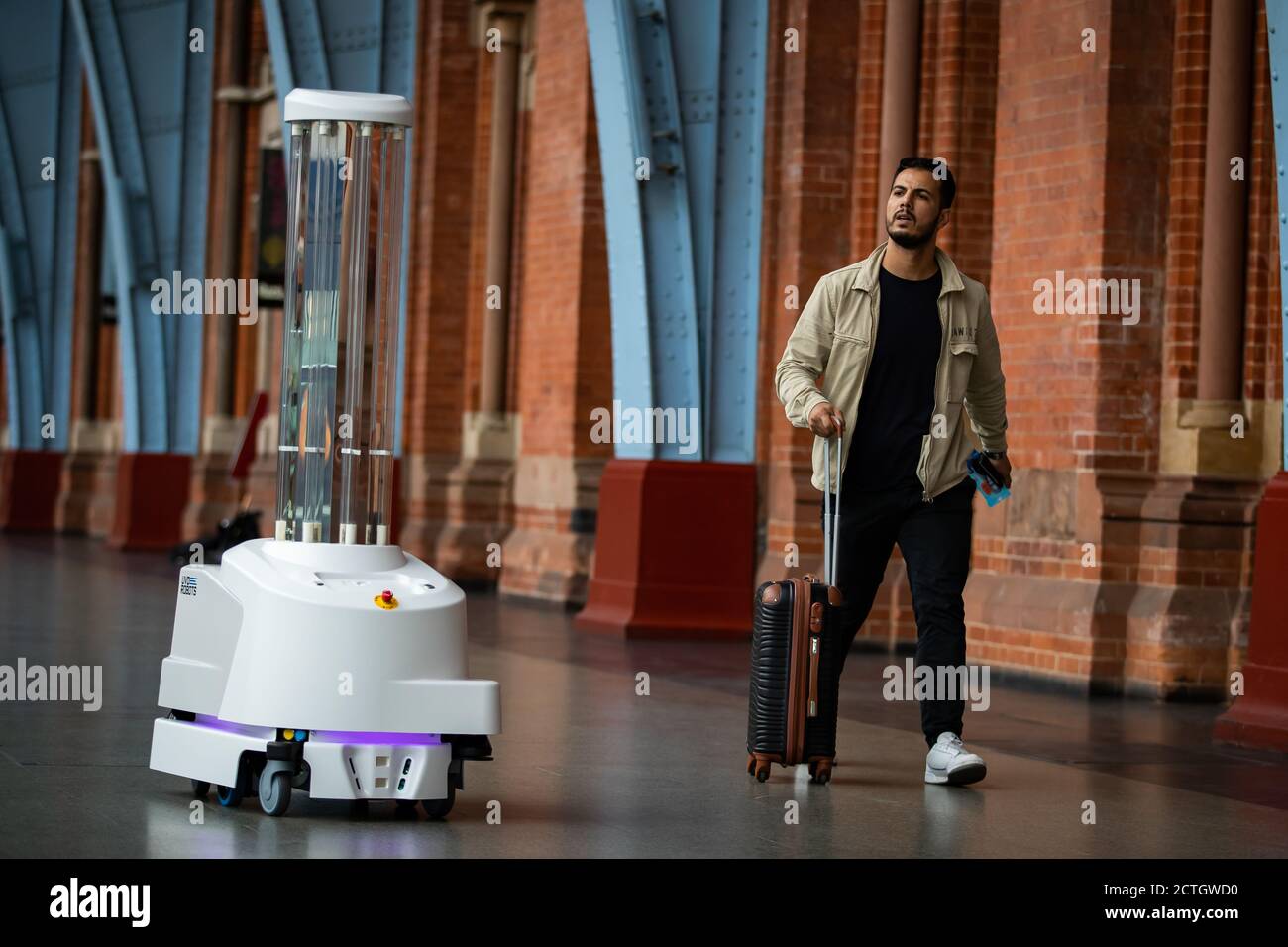 A ultraviolet (UV) robot at St Pancras International, London as it is ...