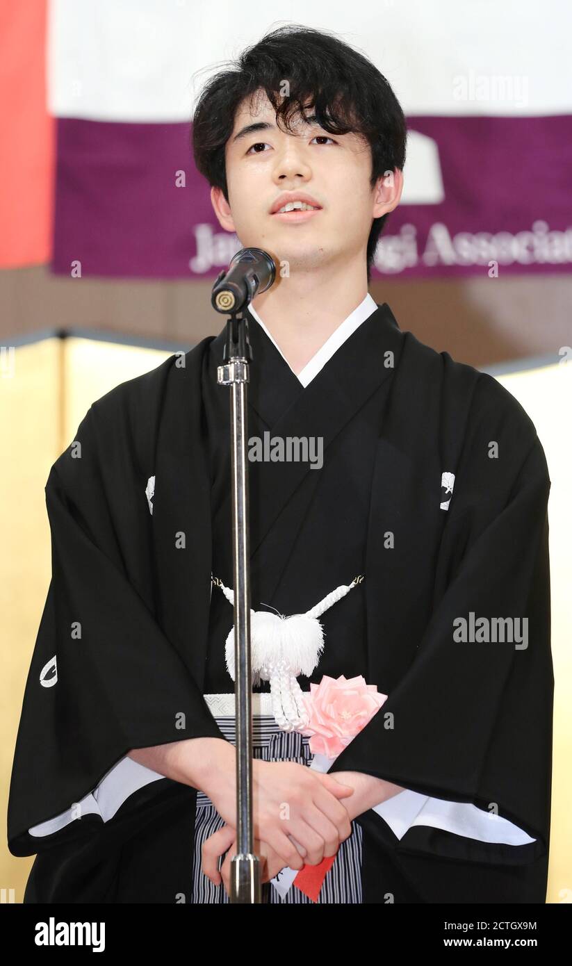 Shogi sensation Sota Fujii attends a ceremony in Tokyo on Sept. 23 ...