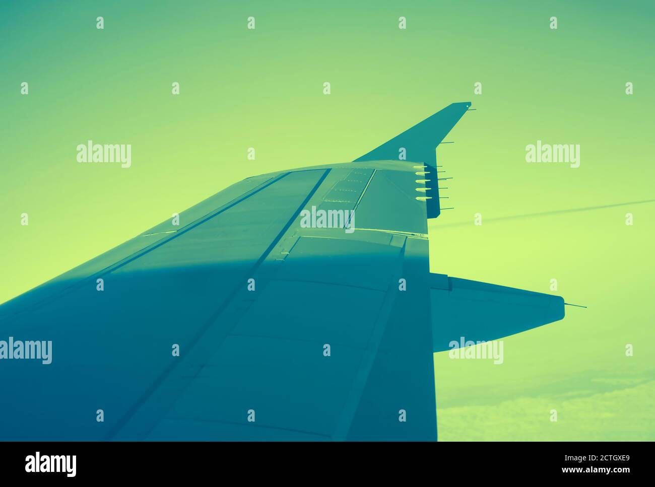view of airplane wing in flight Stock Photo - Alamy
