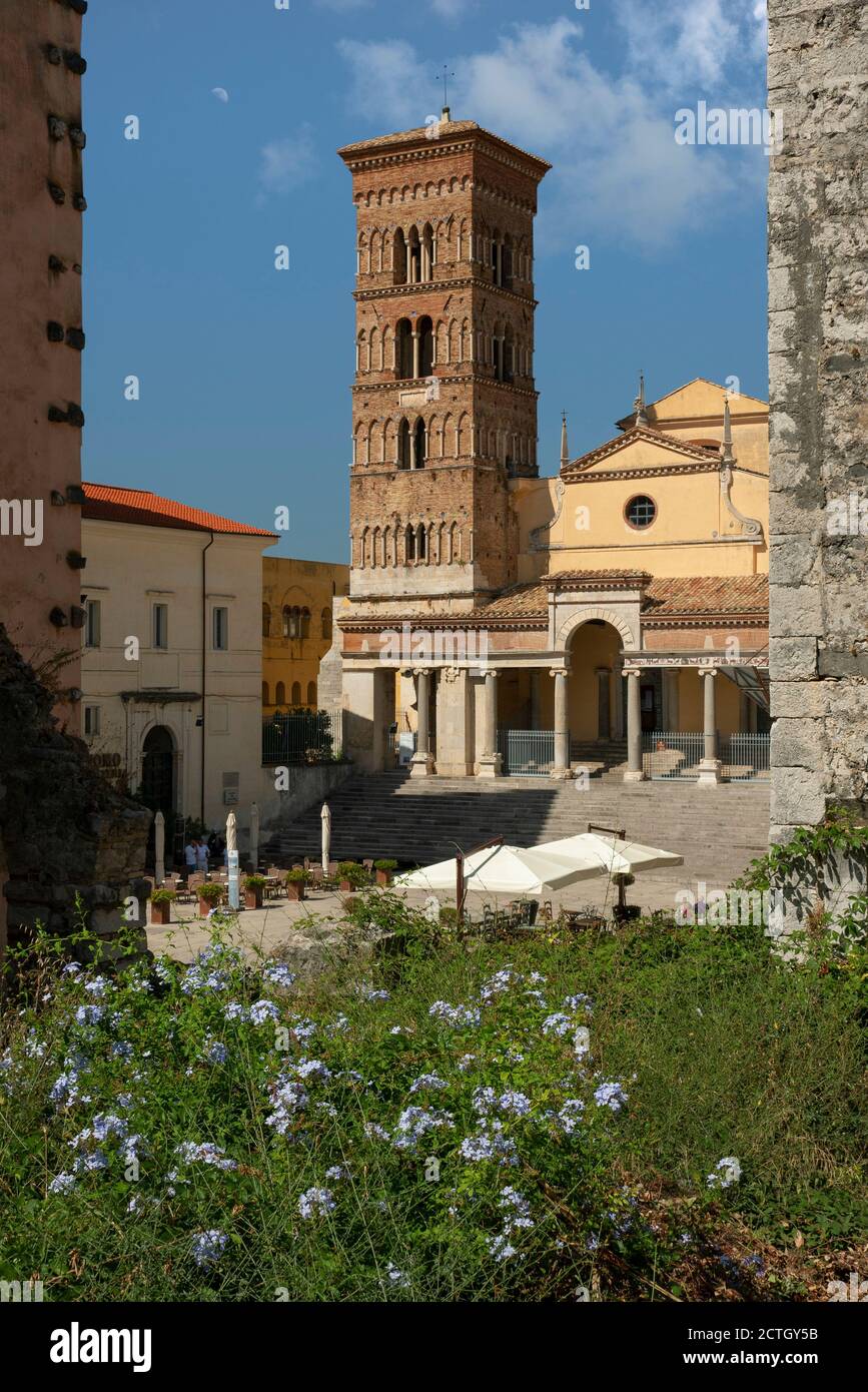 Cathedral and bell tower in the main square of Terracina, Latina (Italy ...