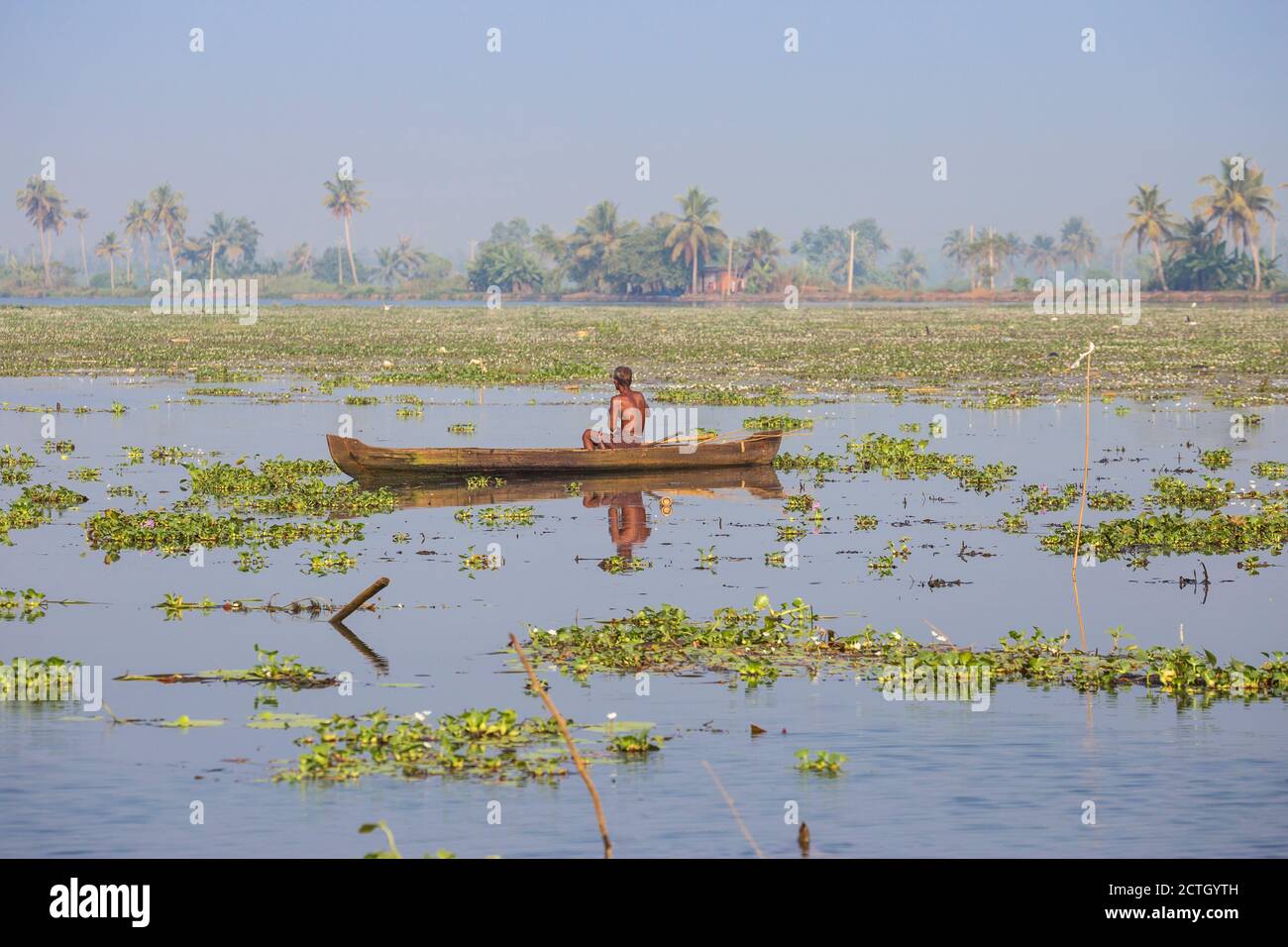 India, Kerala, Alappuzha (Alleppey), Backwaters, Man fishing from ...