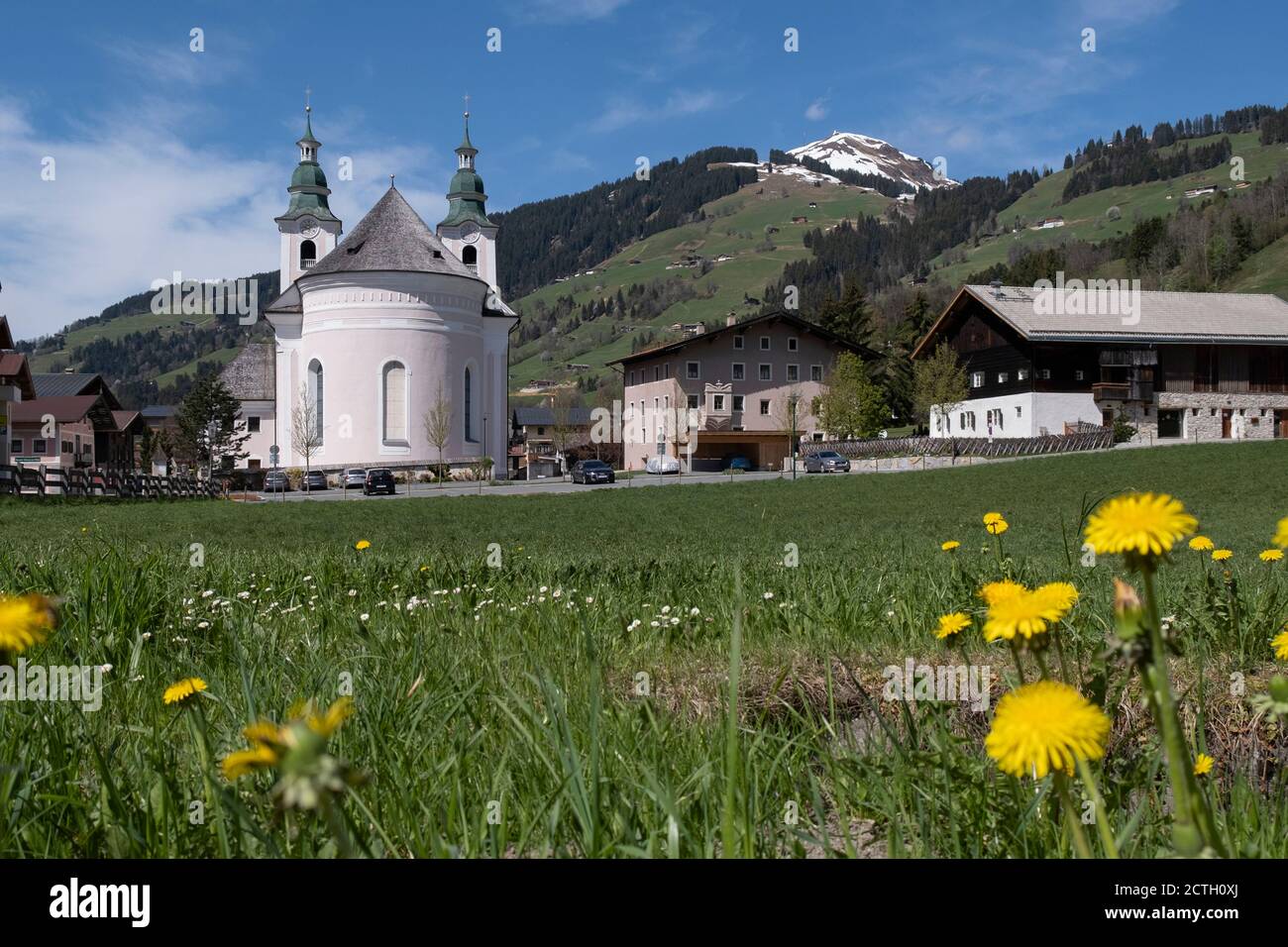 Church Dekanatskirche and Mount Hohe Salve (1829m) in Brixen im Thale ...