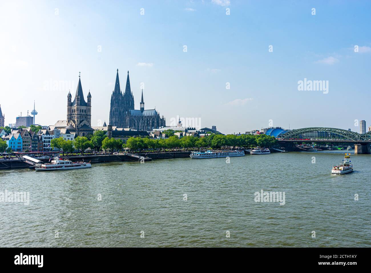 Beautiful view of the Cologne Cathedral in Germany behind the river ...