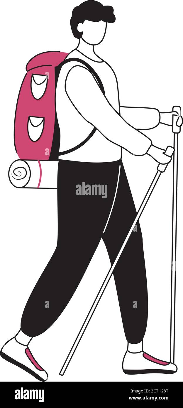 Boy with hiking sticks flat contour vector illustration Stock Vector ...