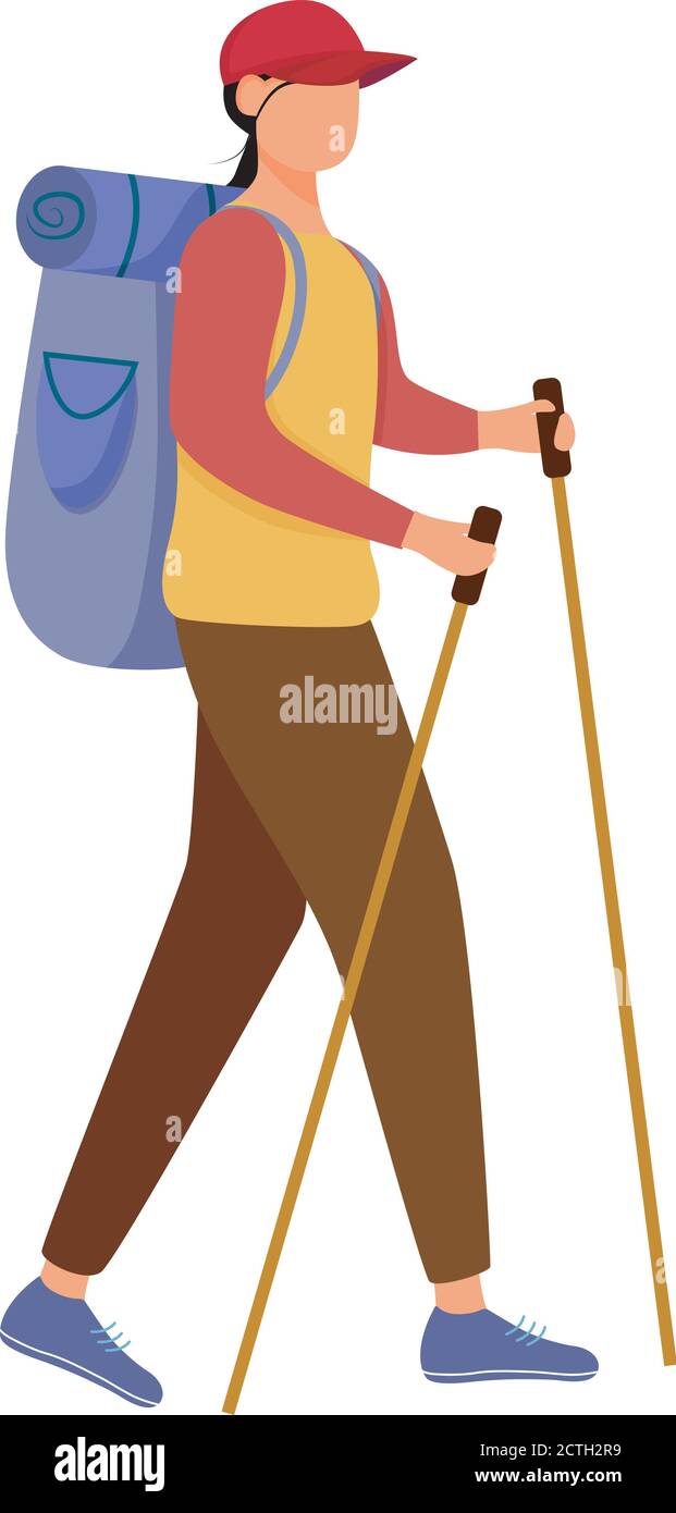 Girl with hiking sticks flat vector illustration Stock Vector Image ...
