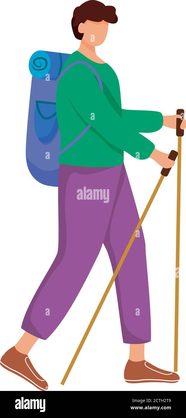 Man with hiking sticks flat vector illustration Stock Vector Image ...