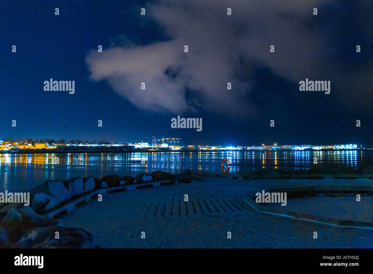 Night photo of Reykjavik city beach. Waterfront lights Stock Photo - Alamy