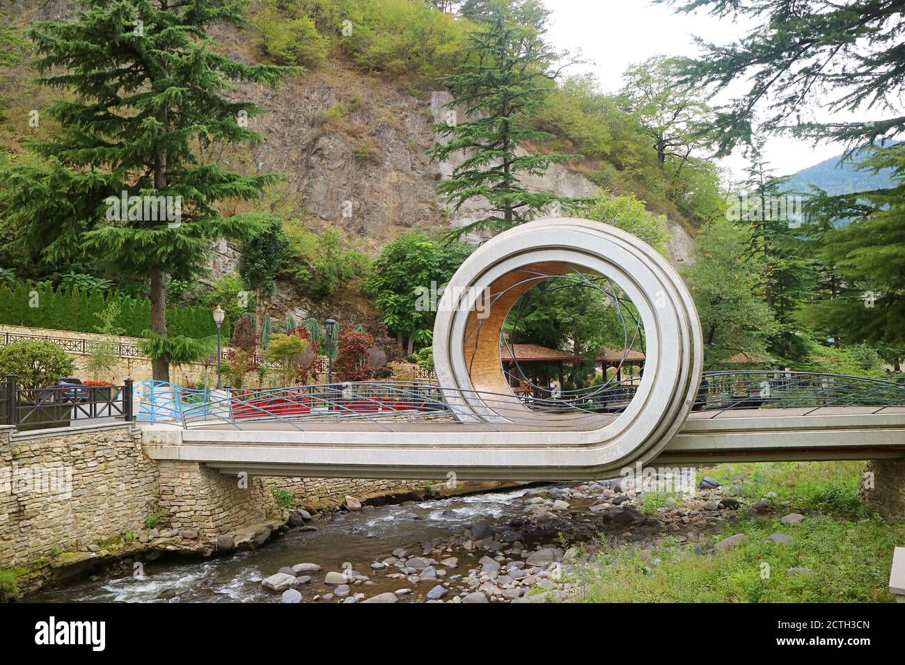 Modern Pedestrian Bridge over the River Borjomula in the Town of ...