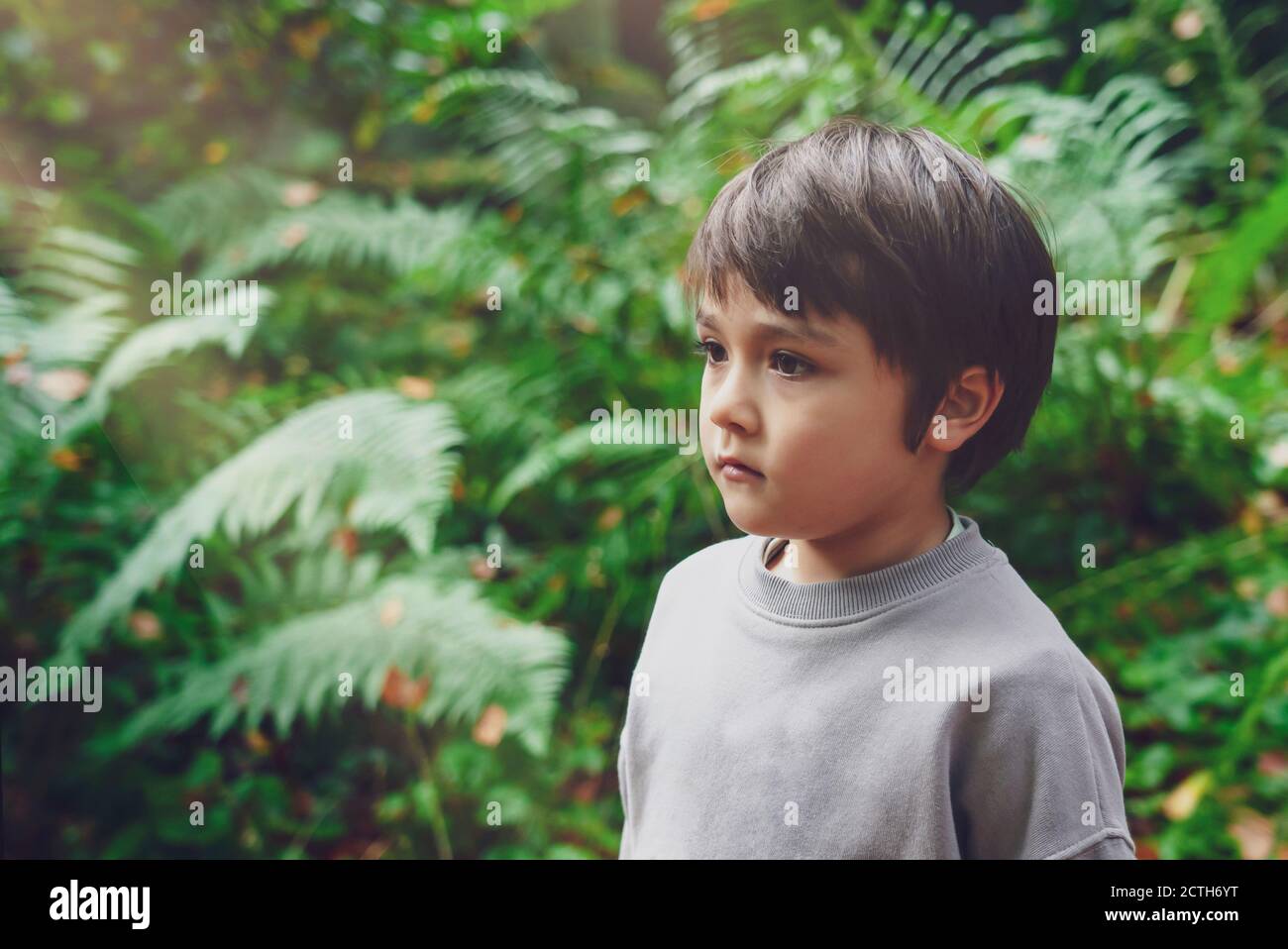 Portrait of kid standing in tropical rain forest, Active little boy ...