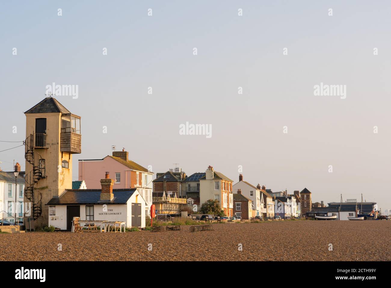 Buildings facing Aldeburgh beach including the South Lookout tower ...
