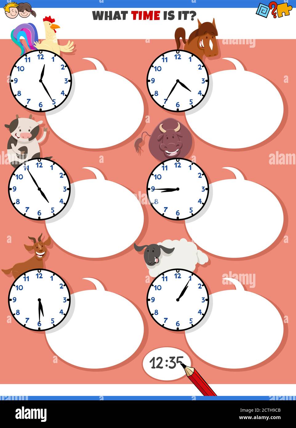 Cartoon Illustrations of Telling Time Educational Task with Clock Faces ...