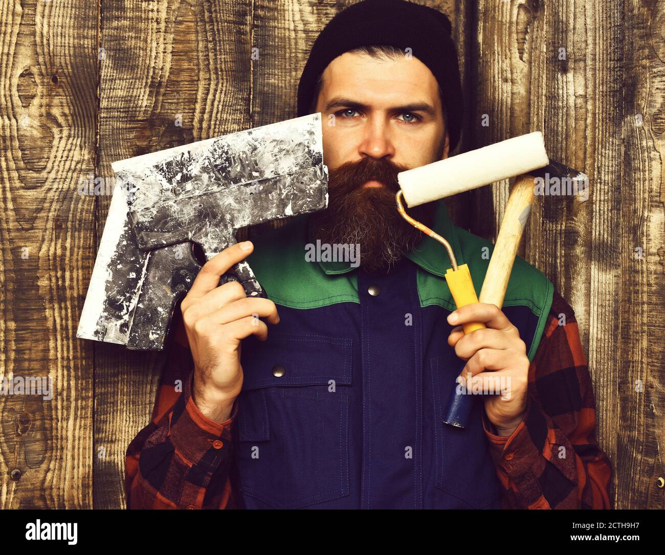 bearded builder man, long beard, brutal caucasian hipster with ...