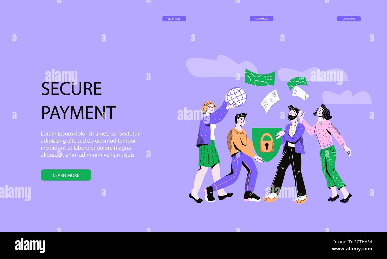 Secure payment and safe money transaction web page vector illustration ...