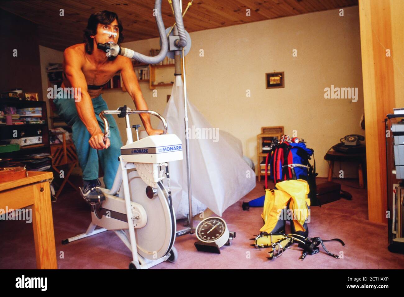 French climber Patrick Berhault trains under hypoxia, France Stock ...