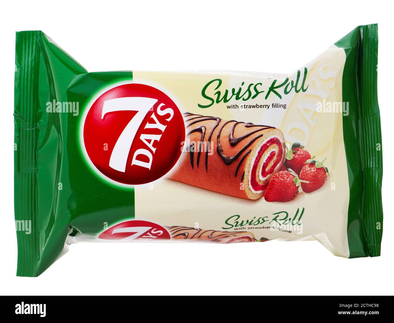 BUCHAREST, ROMANIA - APRIL 9, 2015. 7Days Swiss Roll with strawberry ...