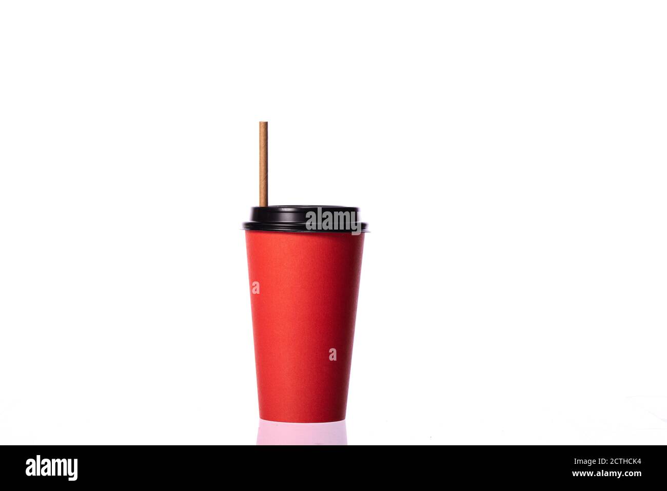 Red coffee cup with paper straw isolated on white background. Eco ...