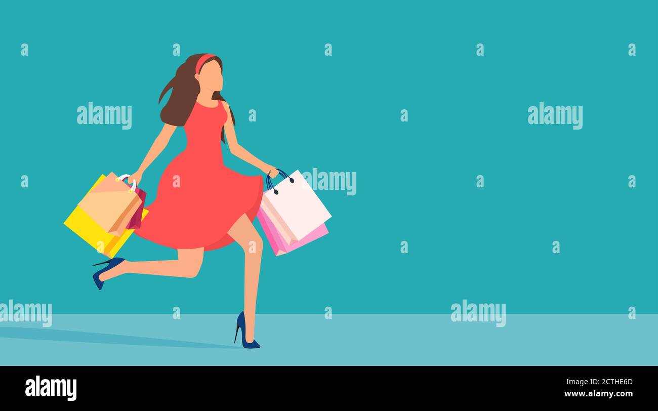 Vector of a happy shopper woman carrying shopping bags and running ...