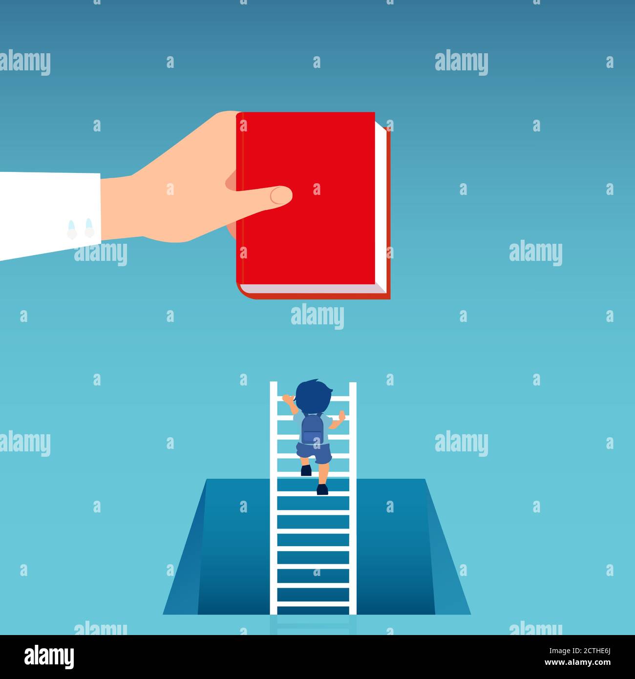 Vector of a little boy climbing up a ladder to gain knowledge, a book ...