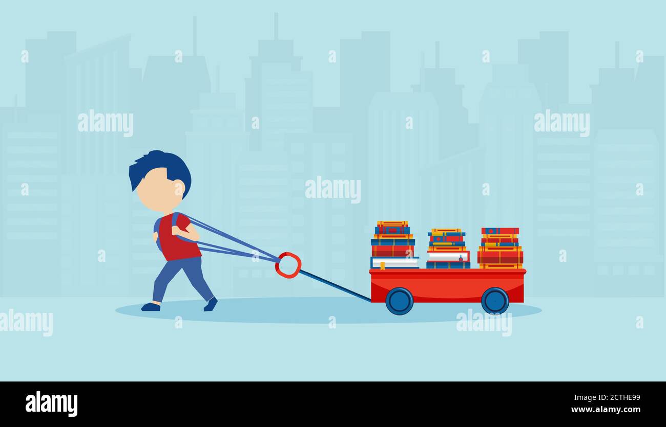 Vector of a little boy pulling a cart loaded with books Stock Vector ...