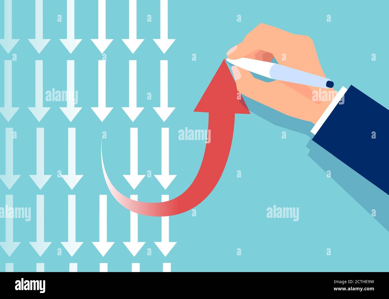 Vector of a visionary businessman drawing an arrow going up in opposite ...