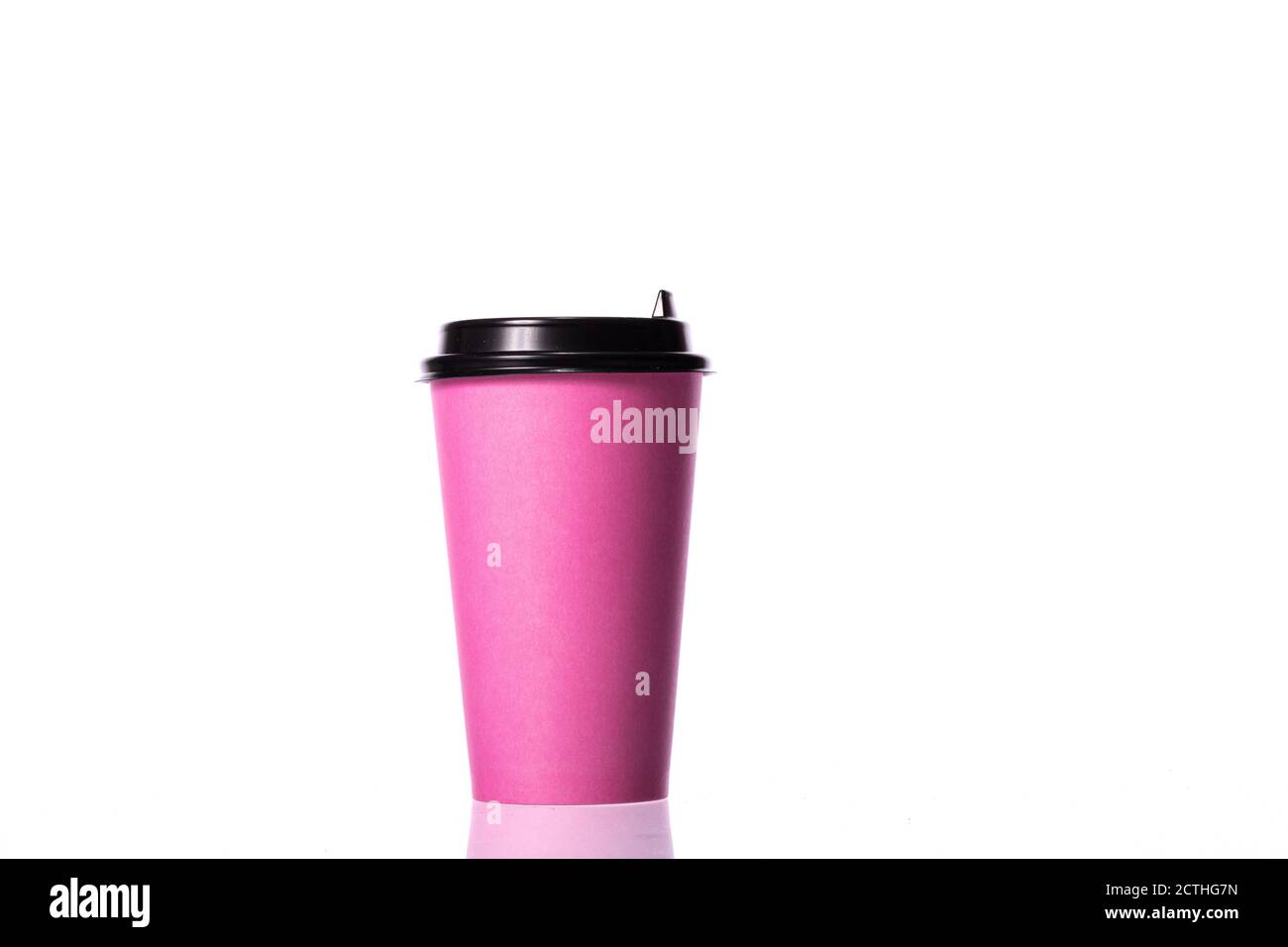 pink take away disposable paper coffee cup with plastic lid isolated on ...