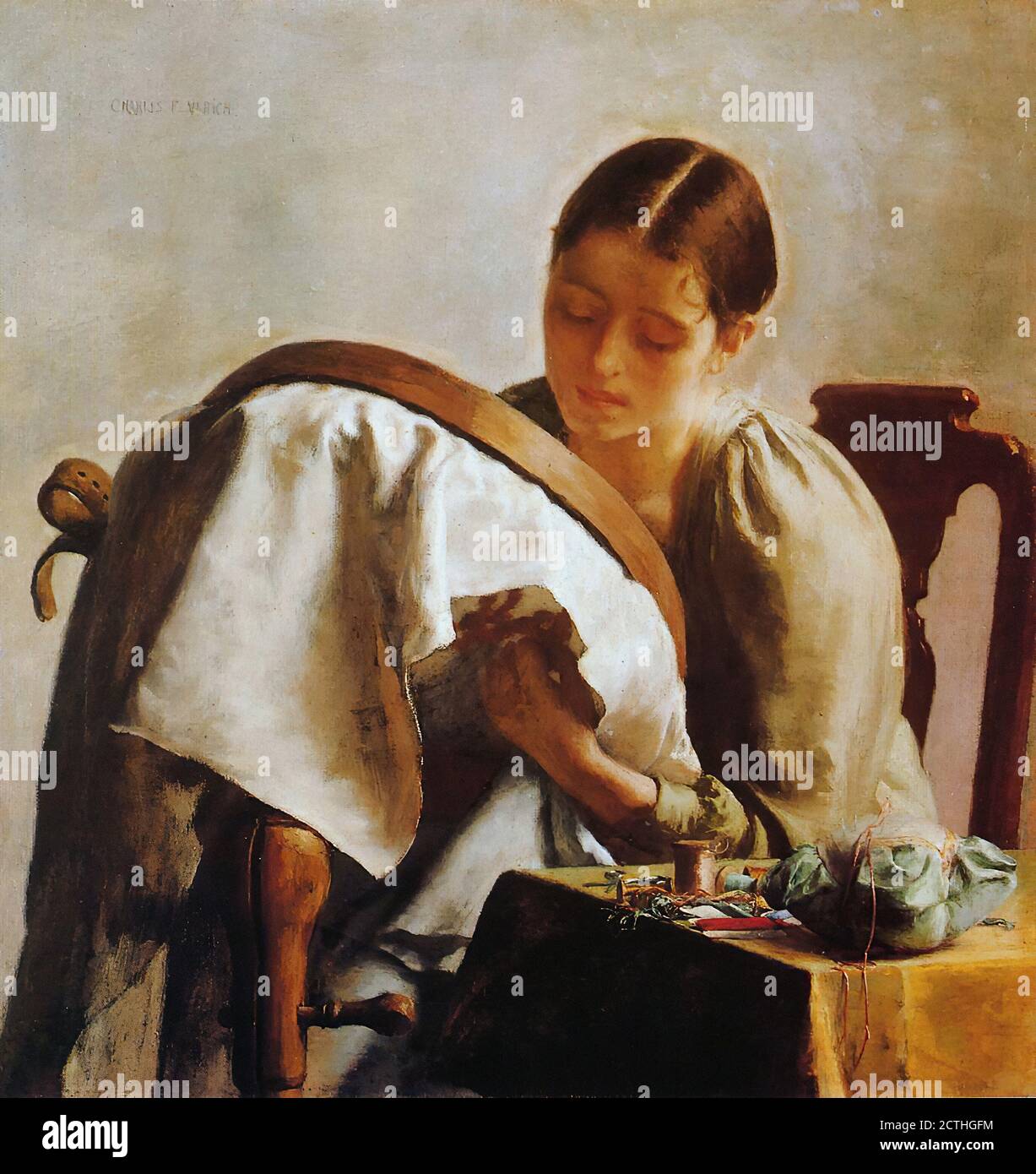 Ulrich Charles Frederic - Young Girl Embroidering - Dutch School - 19th ...