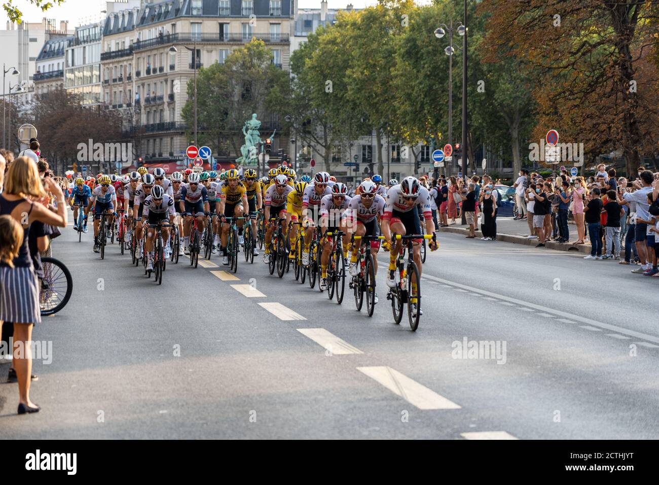 Paris, France - 2020 September 20 - Tour de France peloton approaches ...