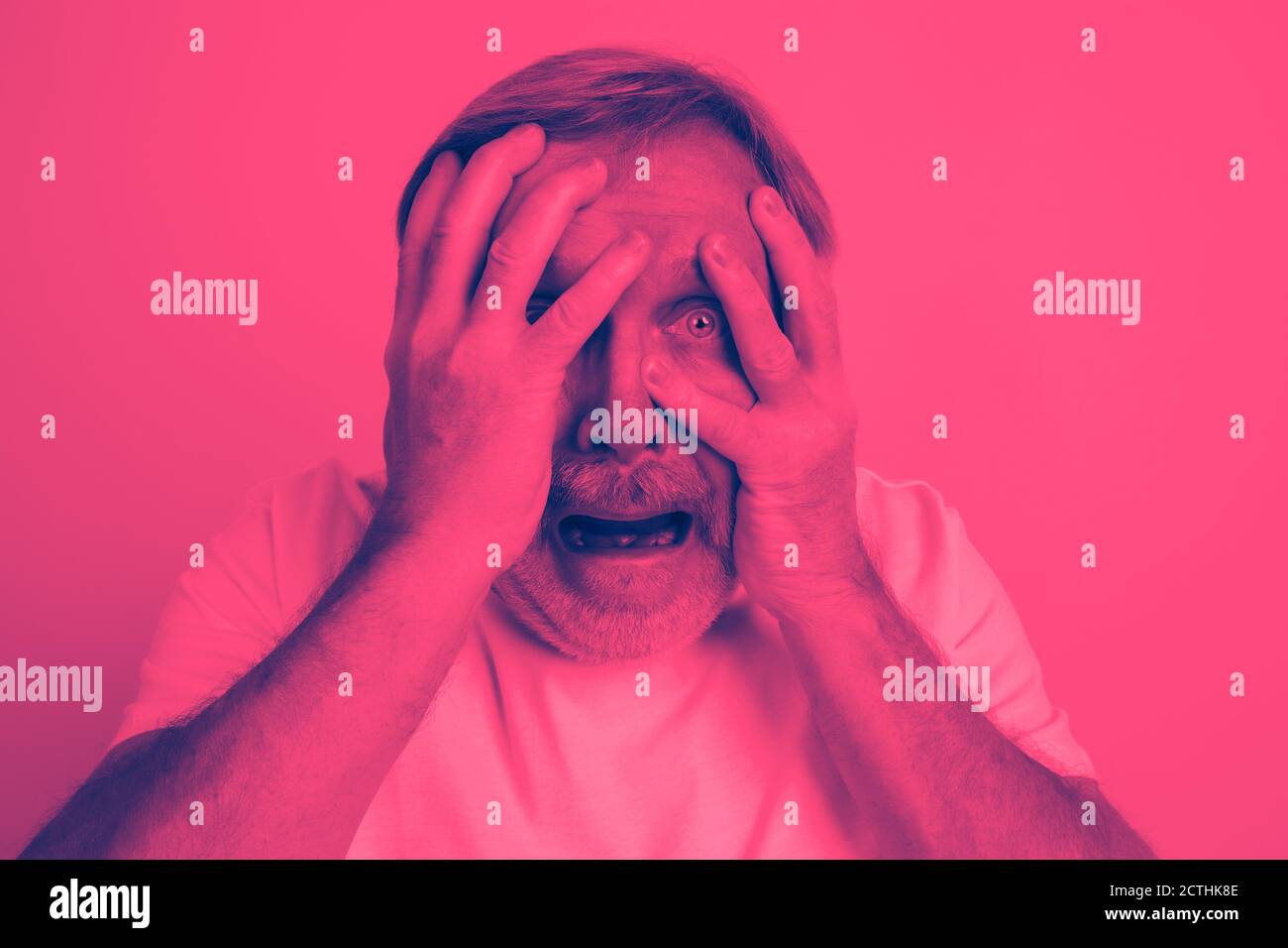Scared. Close up portrait of caucasian man isolated on studio ...